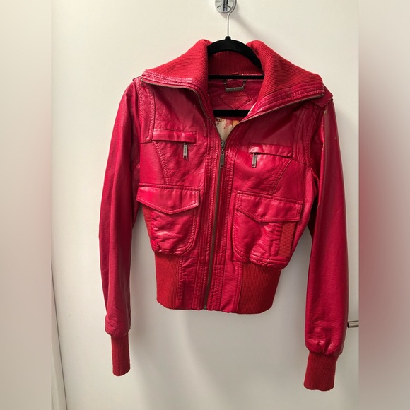 Jou Jou | Jackets & Coats | Red Jou Jou Leather Bomber Jacket Medium ...